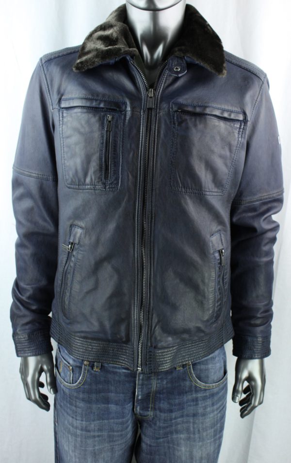 Men’s TRAPPER Sandor Leather Jacket with Detachable Collar in Blue ...
